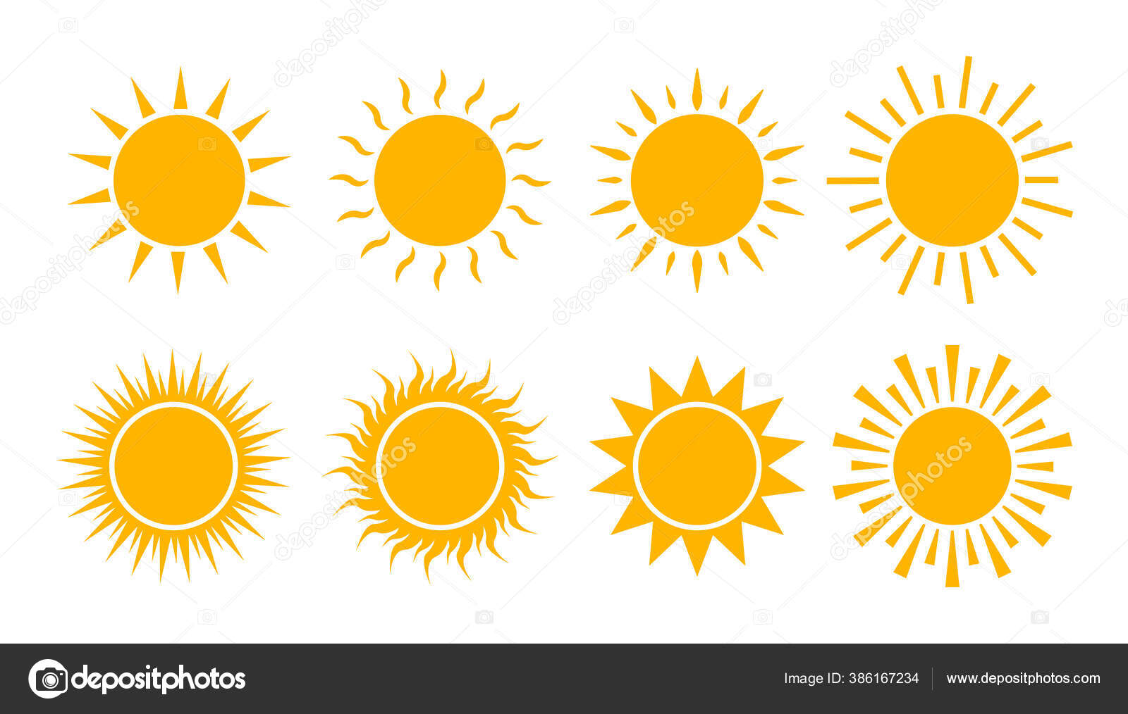 Yellow Sun Icon Set Flat Sunshine Logo Summer Simple Hot Stock Vector ...