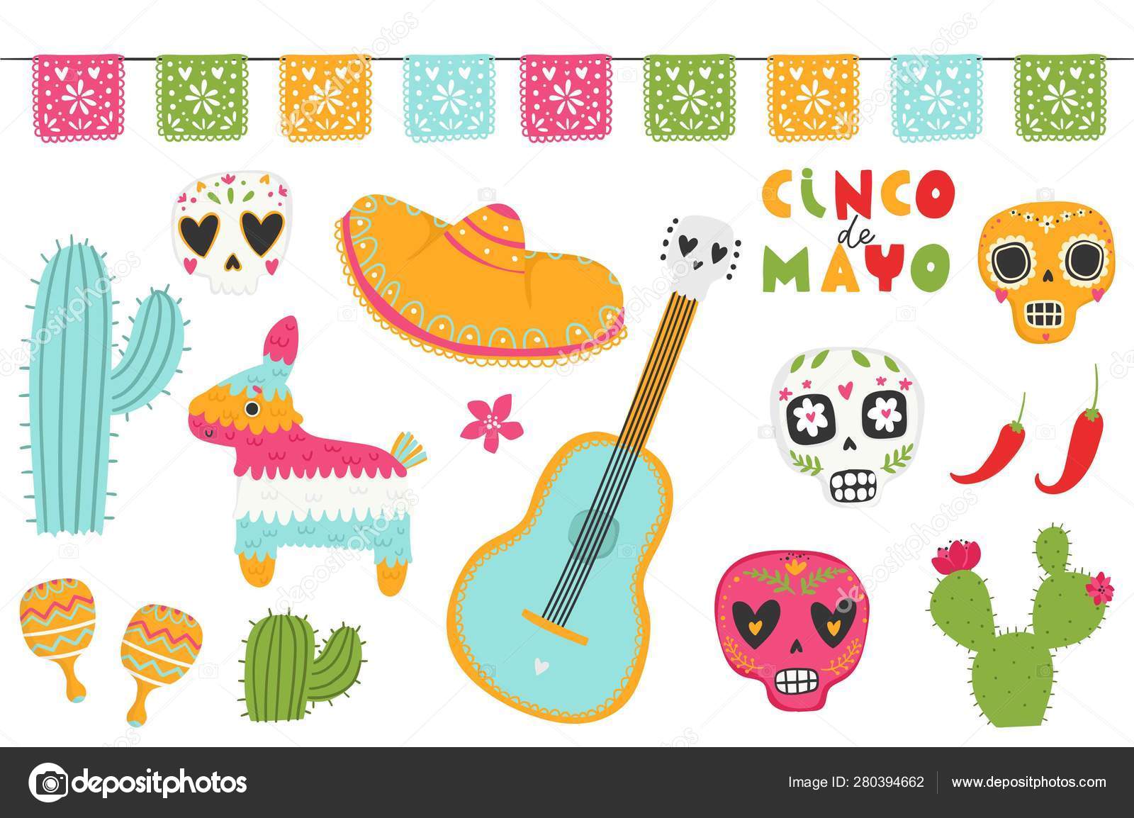Cinco Mayo Vector Set Isolated Elements Sombreros Pinatas Guitar Cactus ...