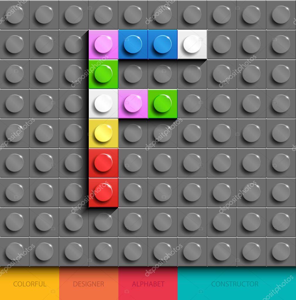 Carta colorida F de la construcción de ladrillos lego sobre fondo gris ...