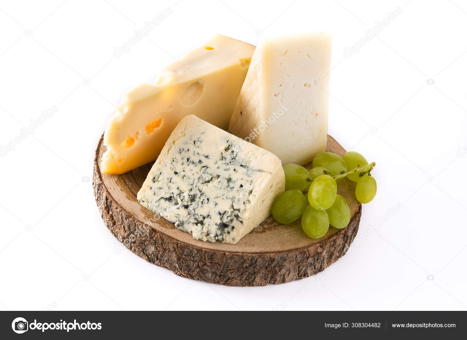 Different Types Cheeses Green Grapes Isolated White Background — Stock ...