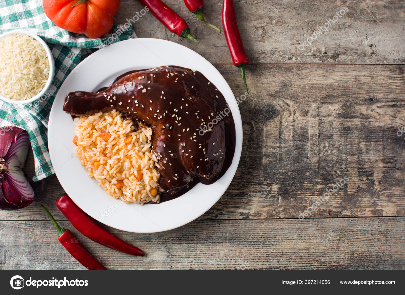 Traditional Mole Poblano Rice Plate Wooden Table Top View Copy Stock ...