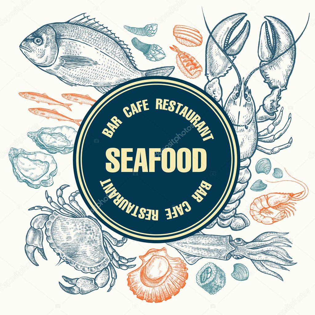 Diseño de cocina de mariscos. El cartel de restaurantes, cafetería ...