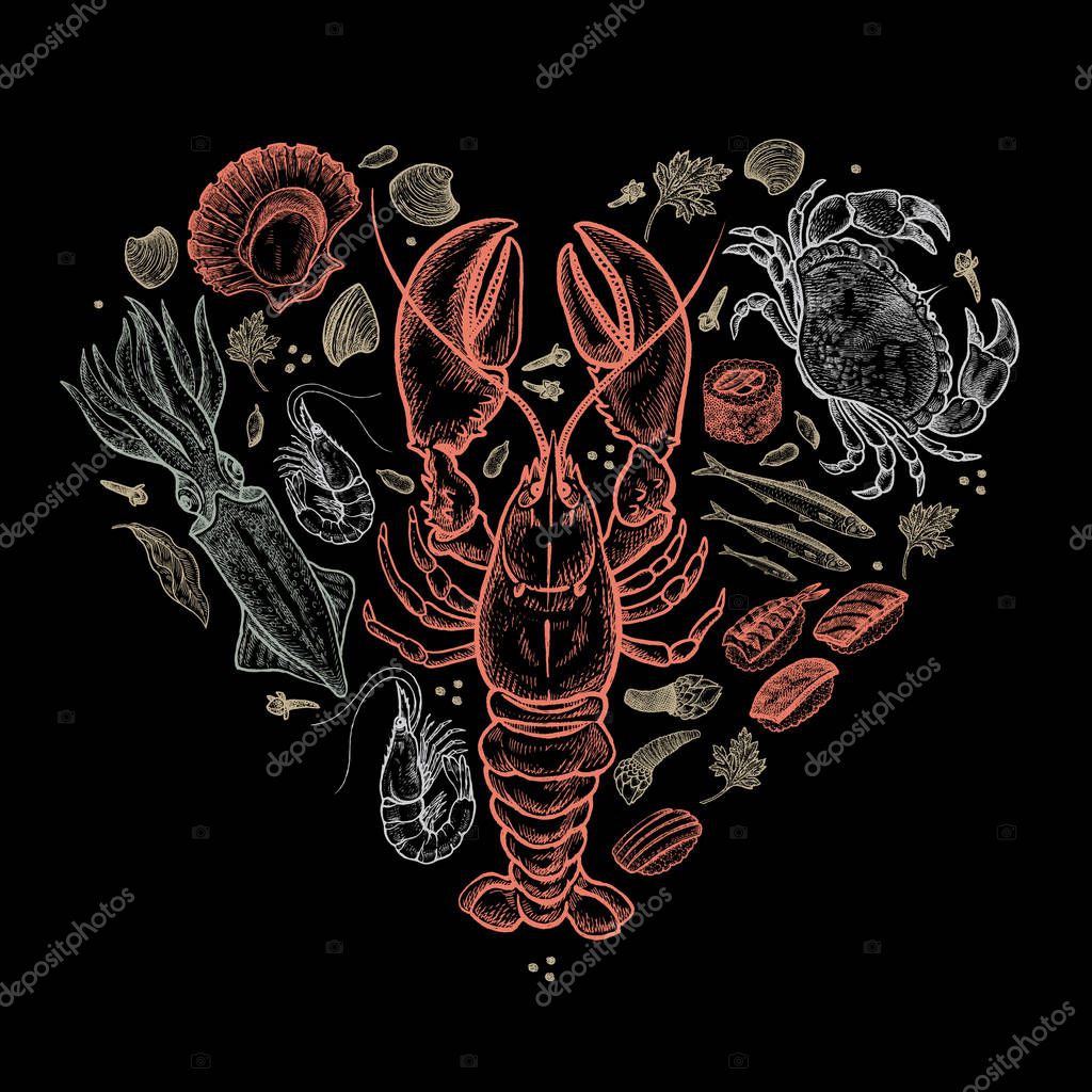 Corazón de marisco. Conjunto de arte de ilustración vectorial. Dibujo a ...