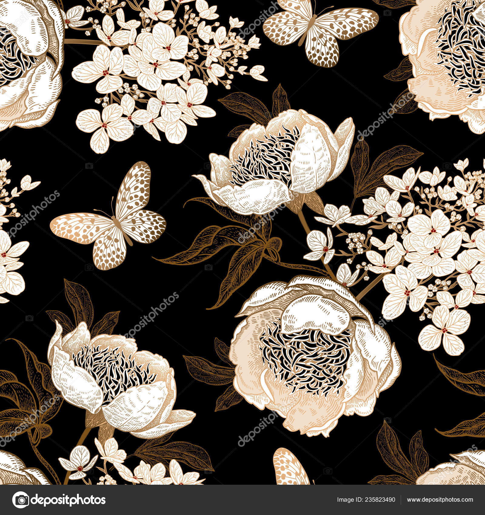 Peonies Hydrangea Butterfly Floral Vintage Seamless Pattern Gold White ...