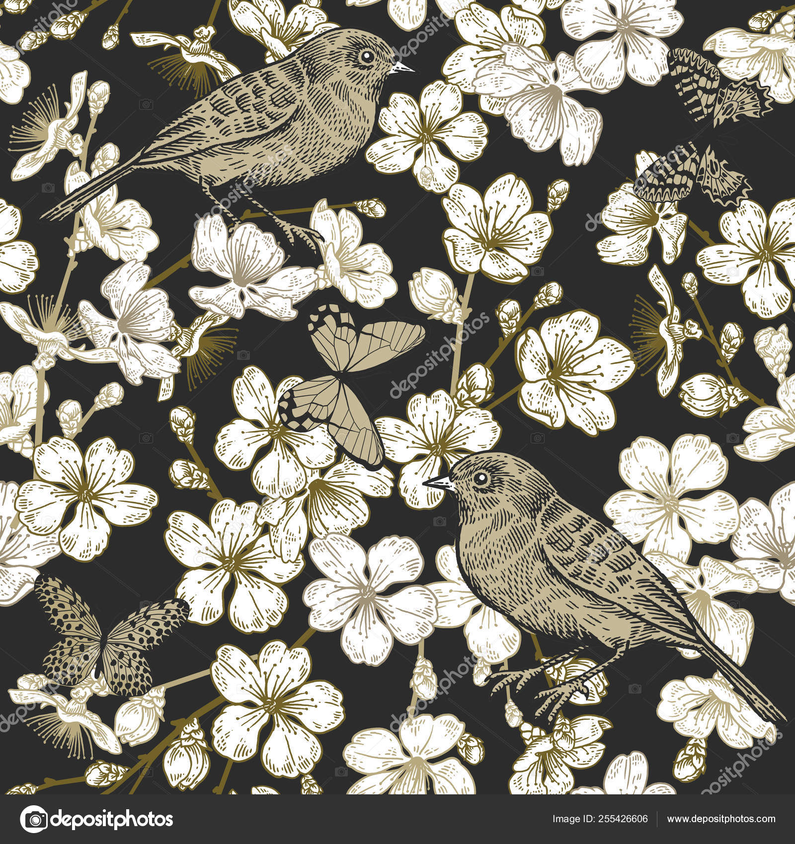 Japanese cherry, bird and butterflies. Seamless pattern. Stock Vector ...