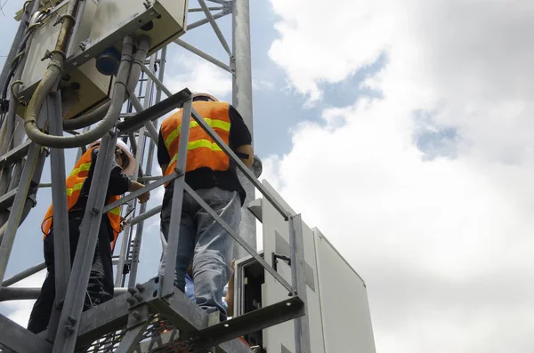 Man Working High Tower Pole Telecommunication Working High Risk ...