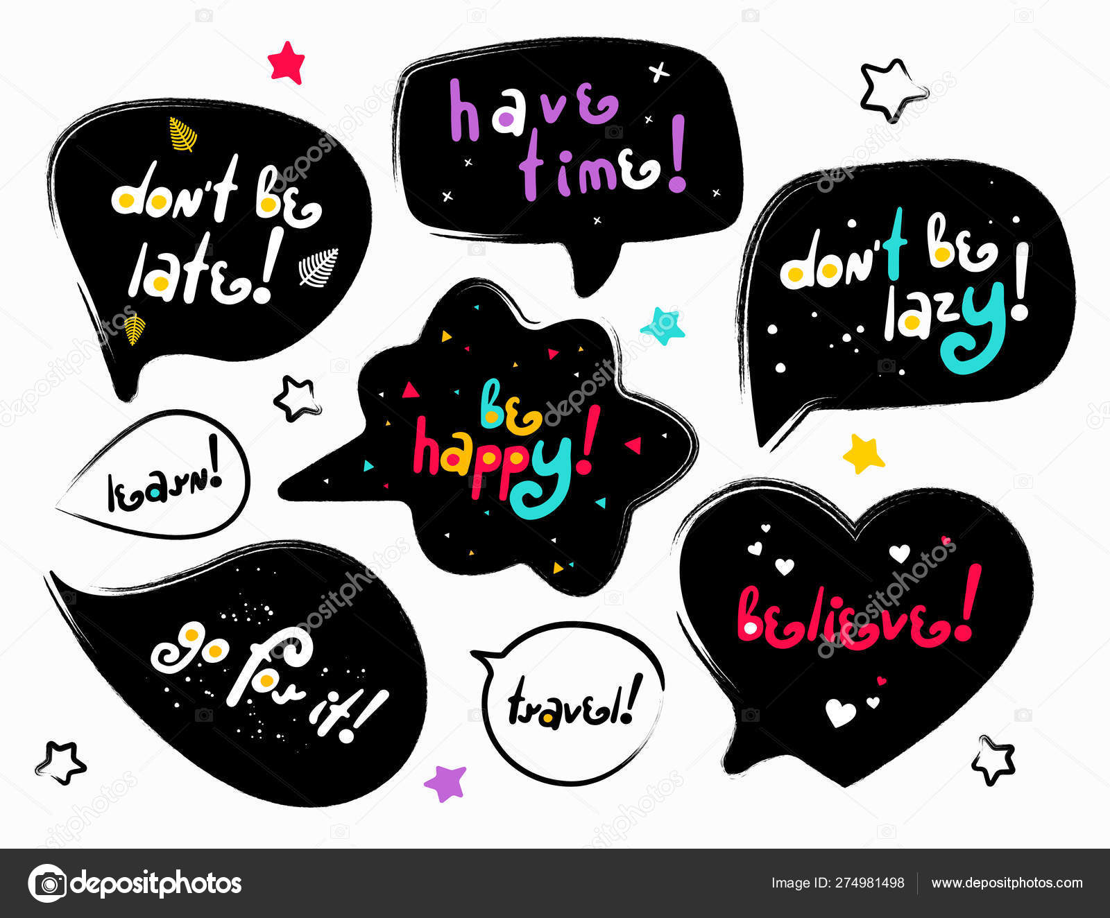 Black speech bubbles set with lettering motivation phrases Stock Vector ...