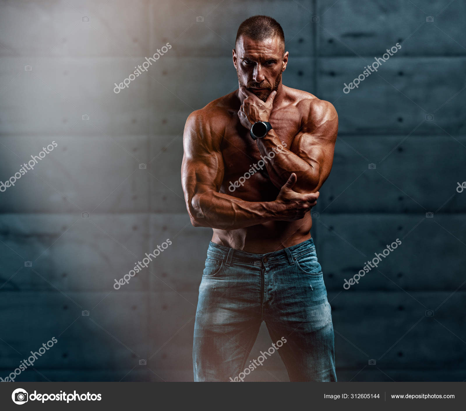 Strong Handsome Shirtless Macho Men in Jeans ⬇ Stock Photo, Image by ...