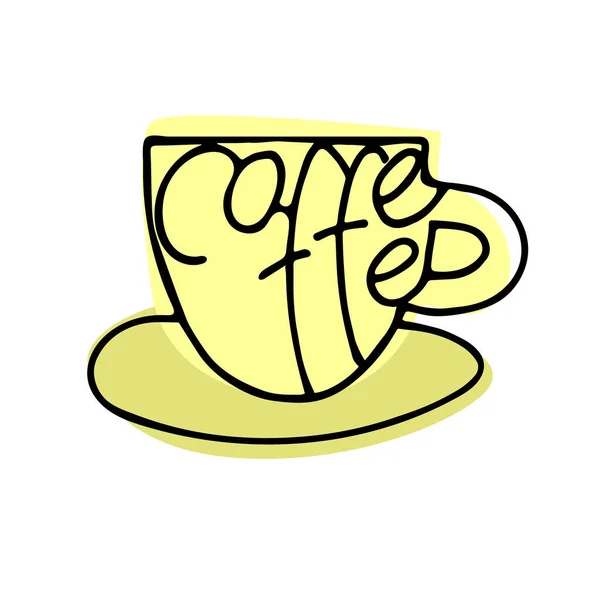 Hand drawn yellow coffee cup with hand lettered inscription. Isolated ...