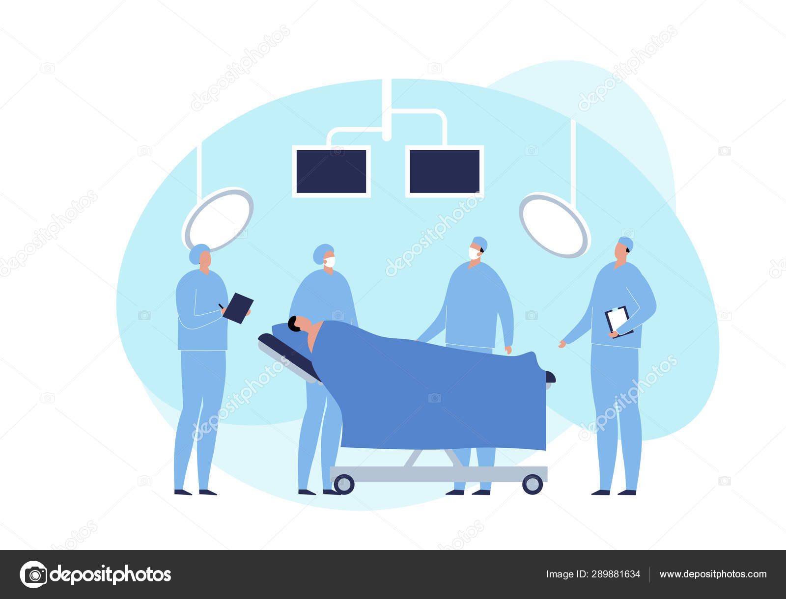Vector modern flat surgery illustration. Surgeon with patient on coach ...