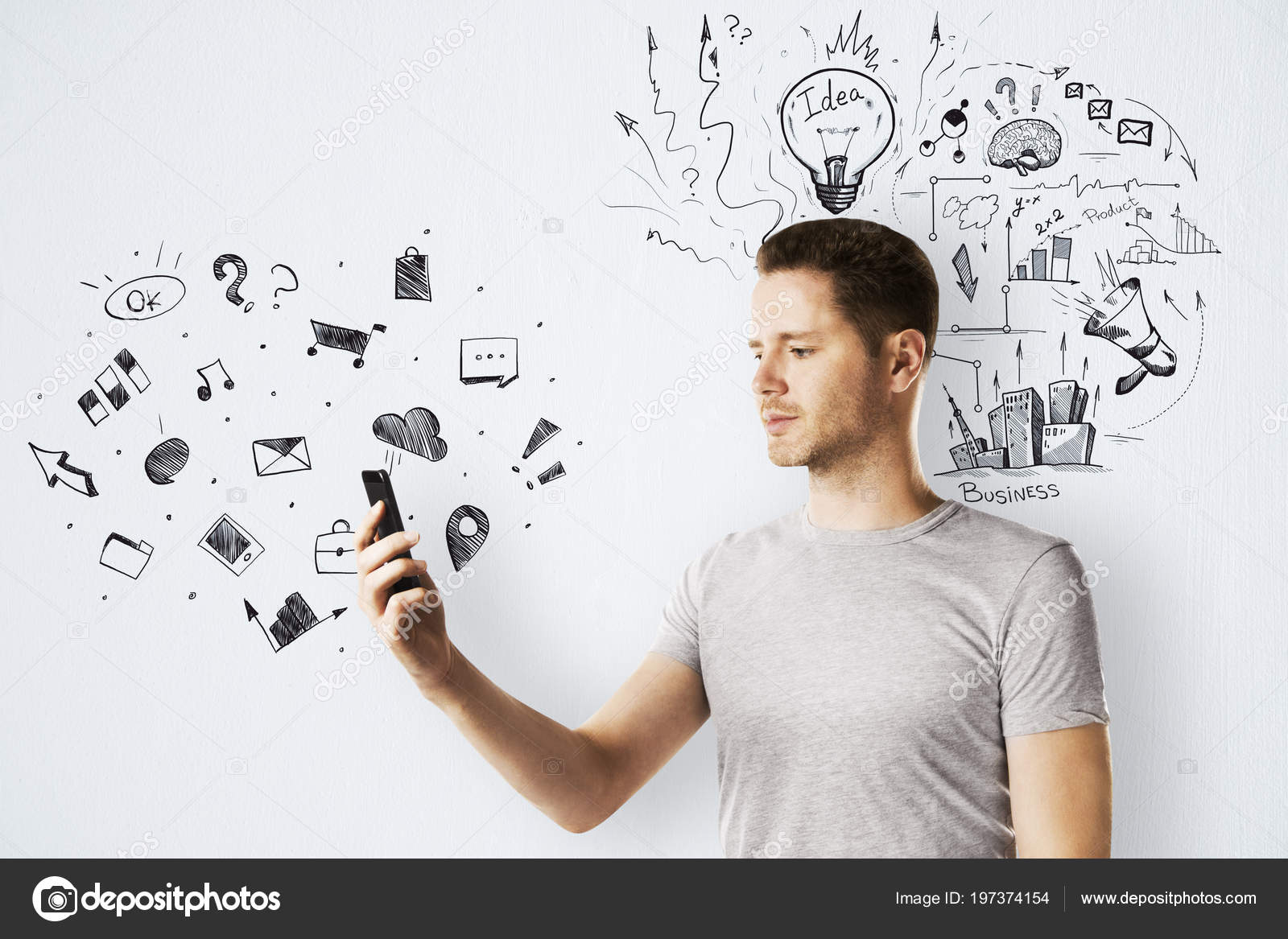 Side Portrait Attractive Young Man Using Smartphone Concrete Wall ...
