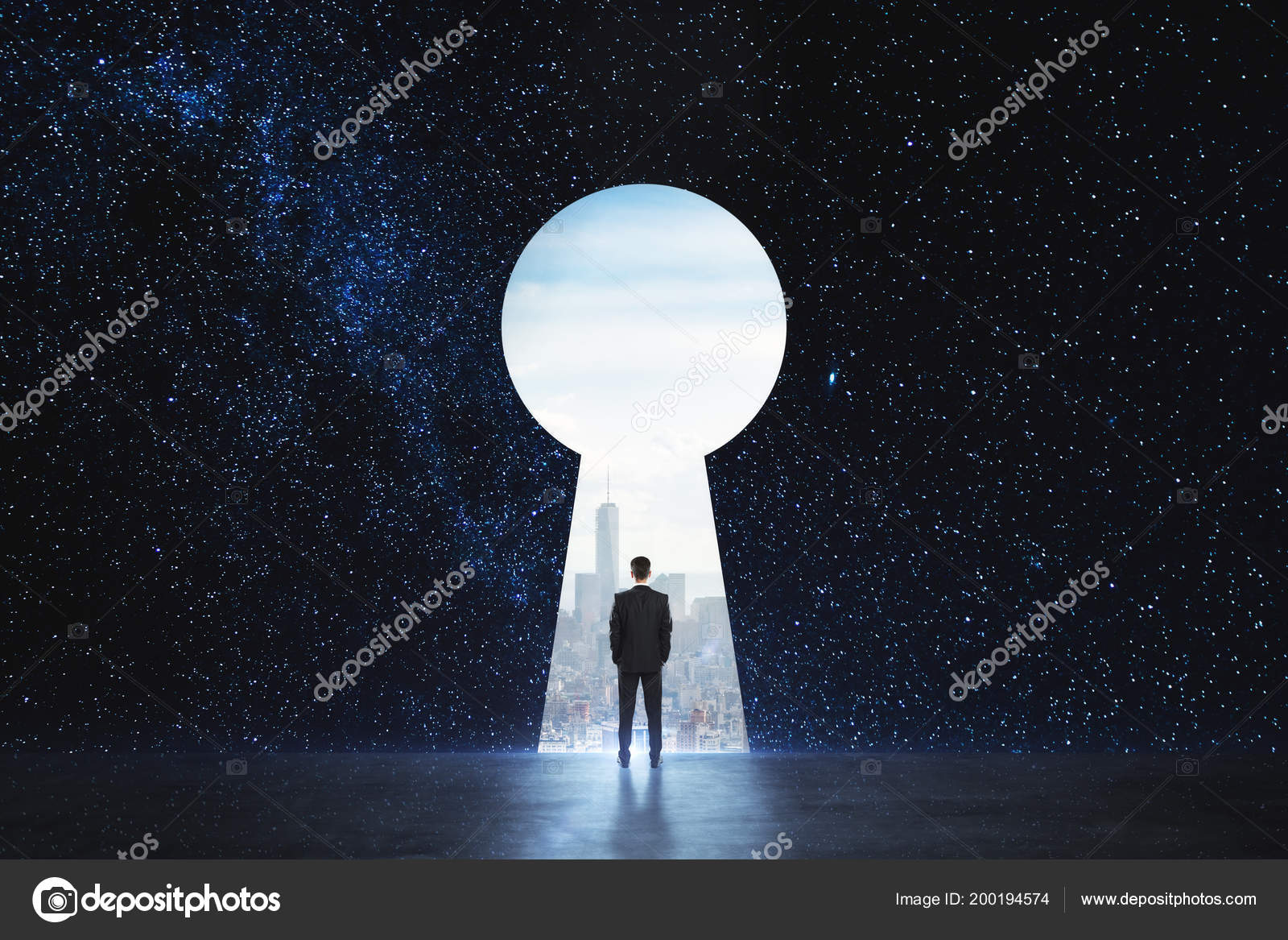 Back View Young Businessman Standing Keyhole Door Starry Sky Background ...