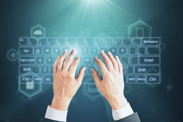 Hands typing on virtual keyboard universe and stars background. Stock ...