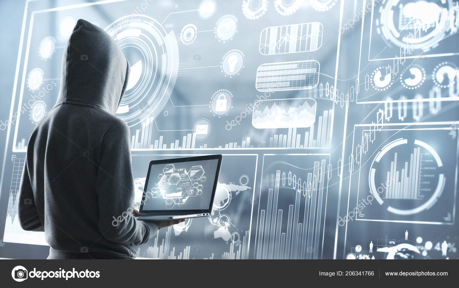 Hacking Criminal Concept Back View Hacker Hood Laptop Digital Business — Stock Photo © peshkov ...