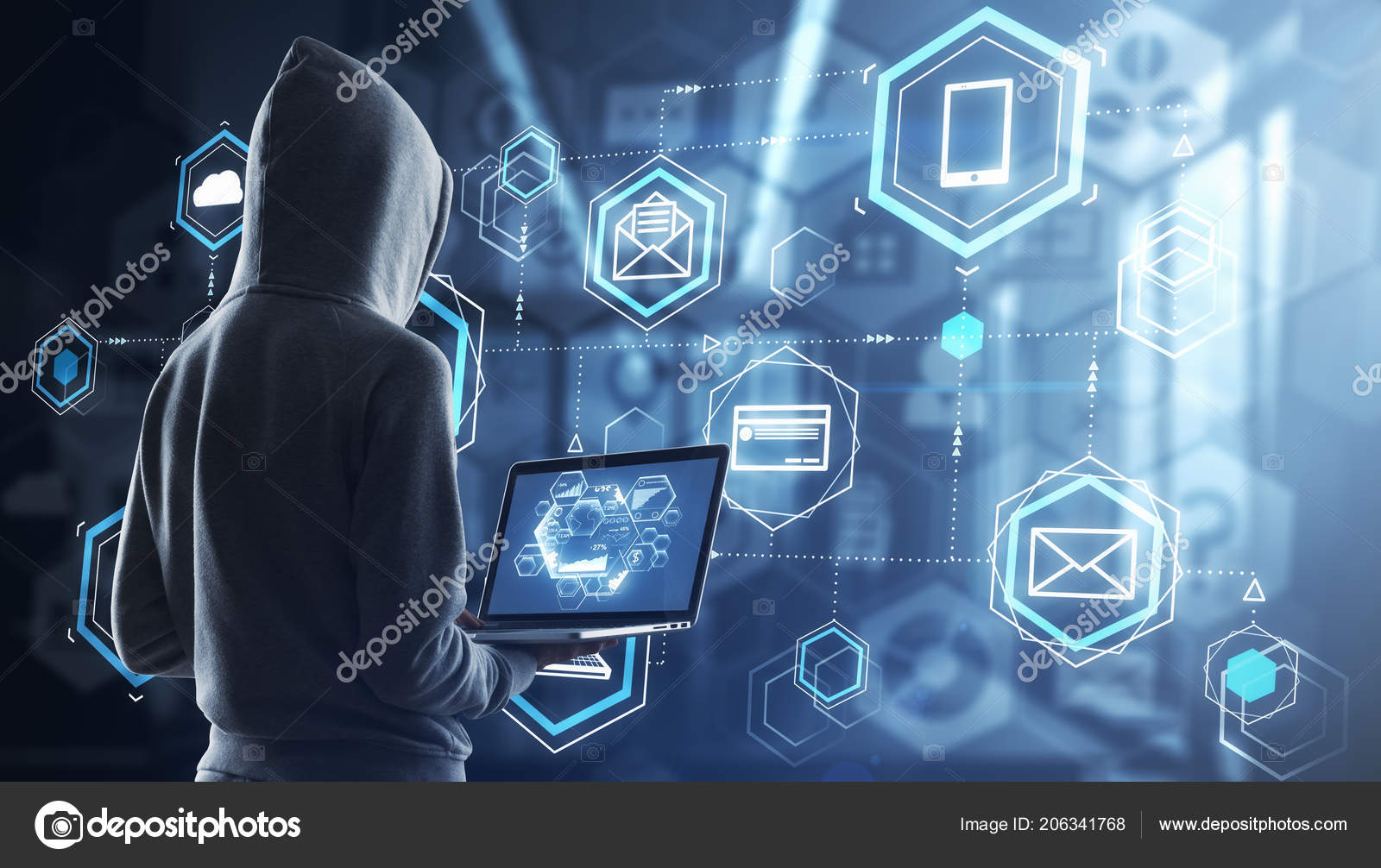 Computing Criminal Concept Back View Hacker Hood Laptop Digital Business — Stock Photo © peshkov ...