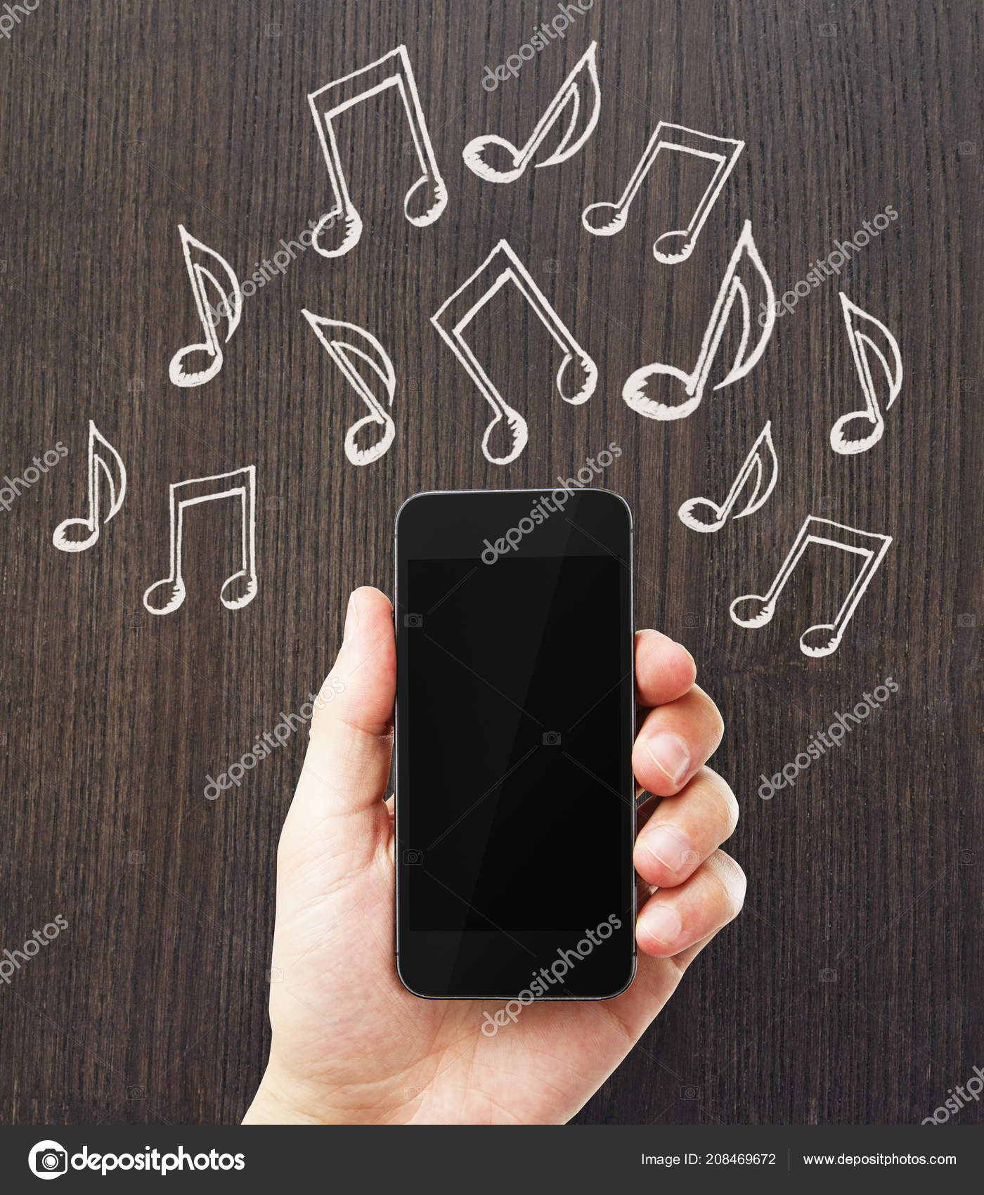 Hand Holding Empty Mobile Phone Notes Wooden Background Music Device ...