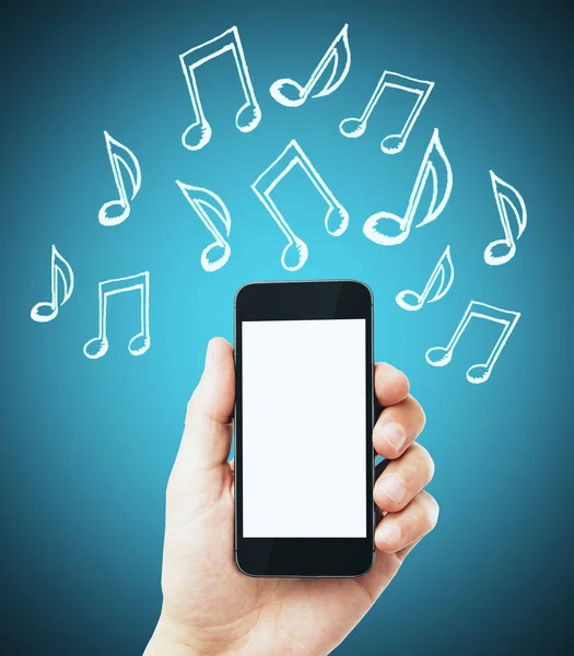 Hand Holding Empty Mobile Phone Notes Wooden Background Music Device ...