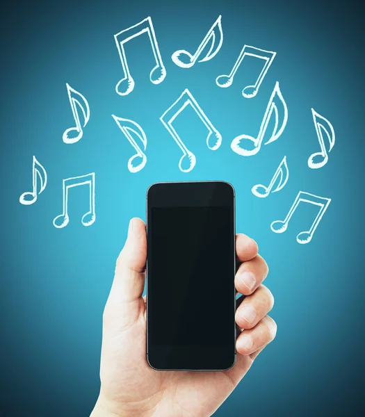 Hand Holding Empty Mobile Phone Notes Wooden Background Music Device ...