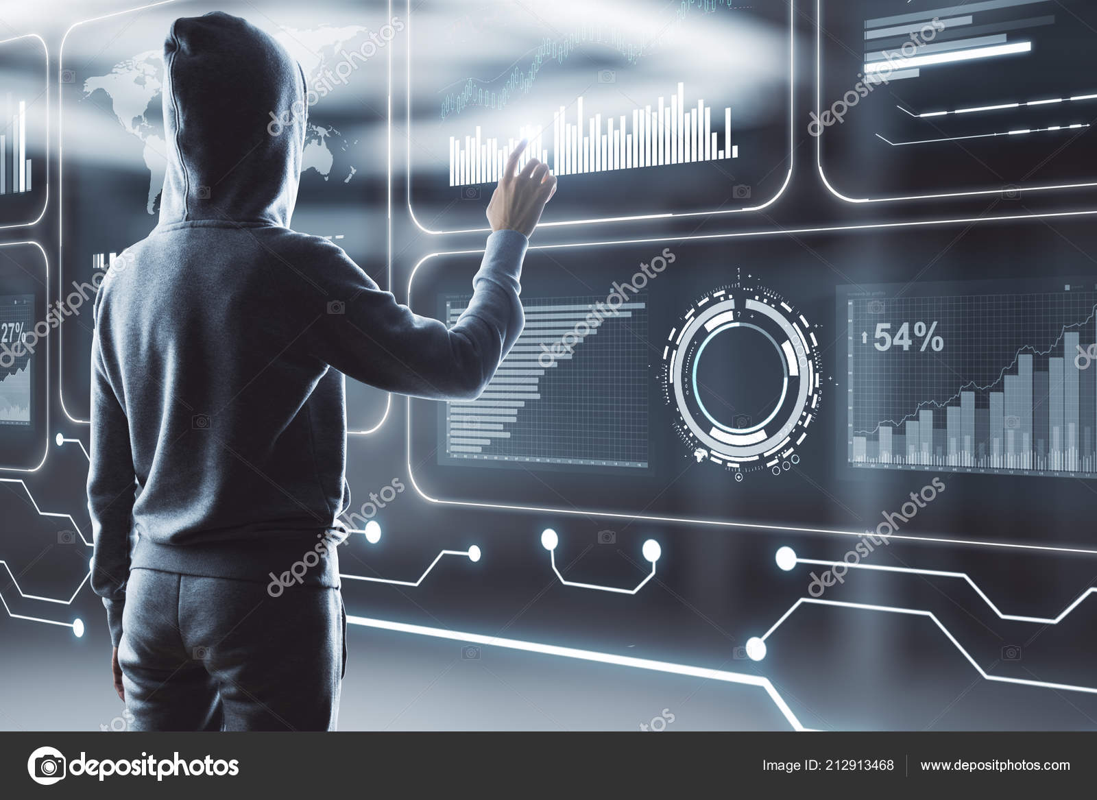 Hacker Using Digital Business Interface Blurry Office Interior Background Future — Stock Photo ...