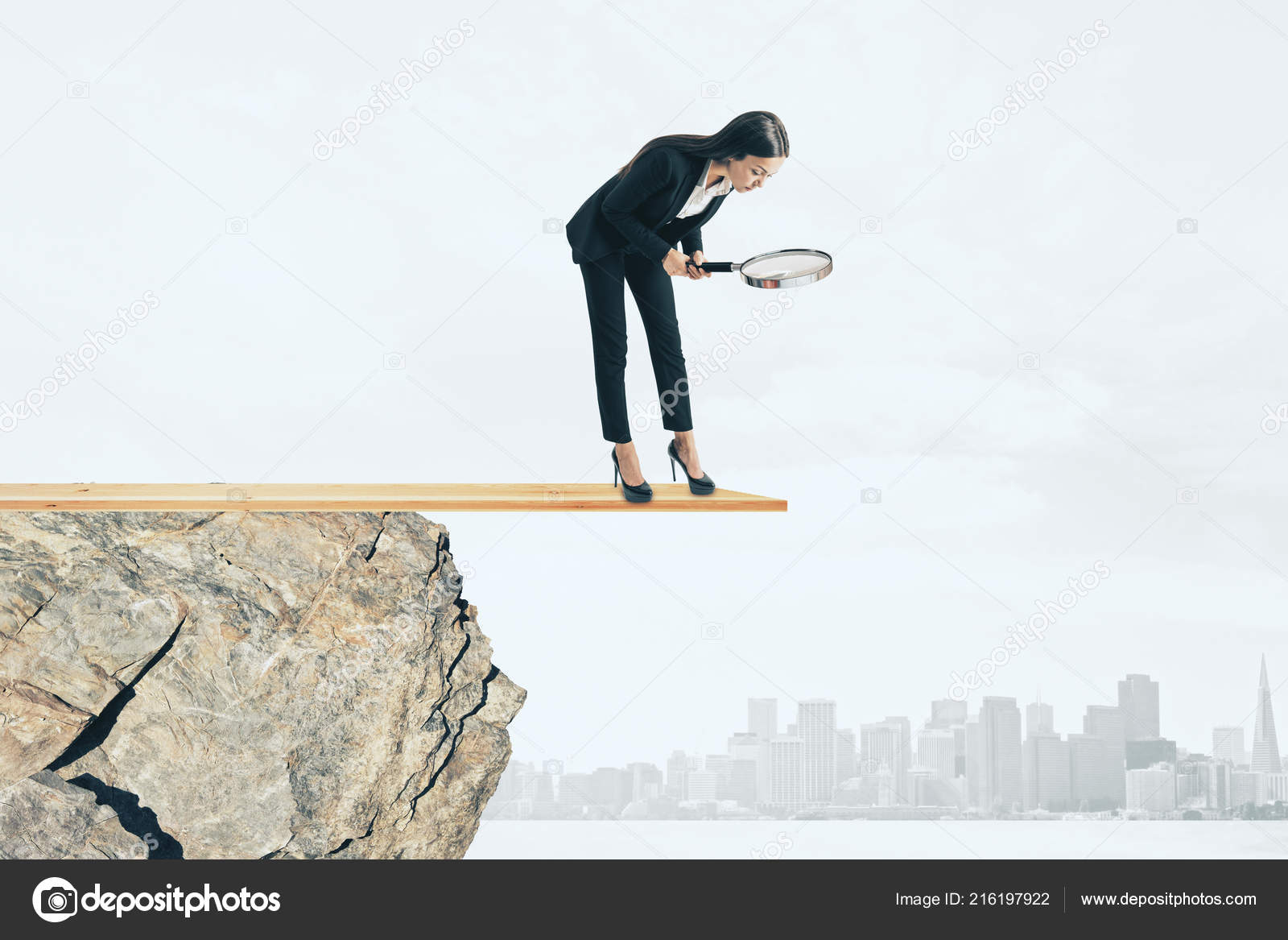 Businesswoman Magnifier Looking Cliff City Background Research Risk ... Businesswoman Magnifier Looking Cliff City Background Research Risk ...