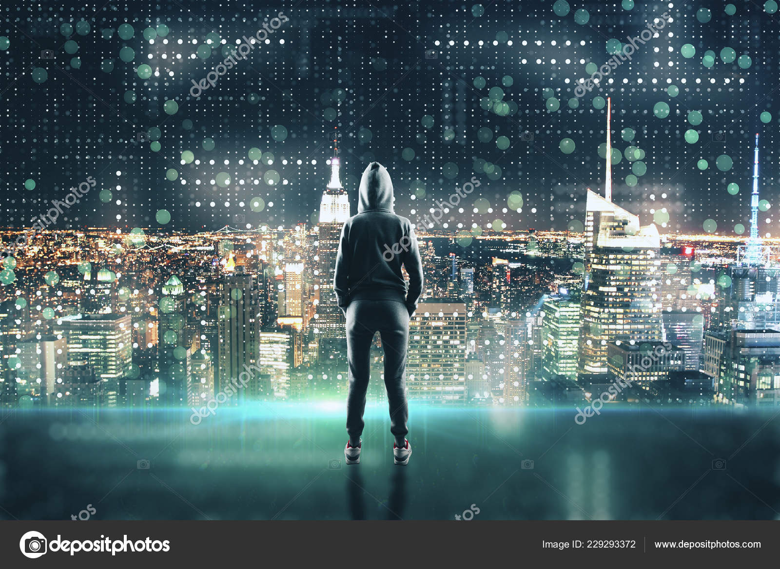 Back View Young Hacker Standing Abstract New York City Circuit Stock ...