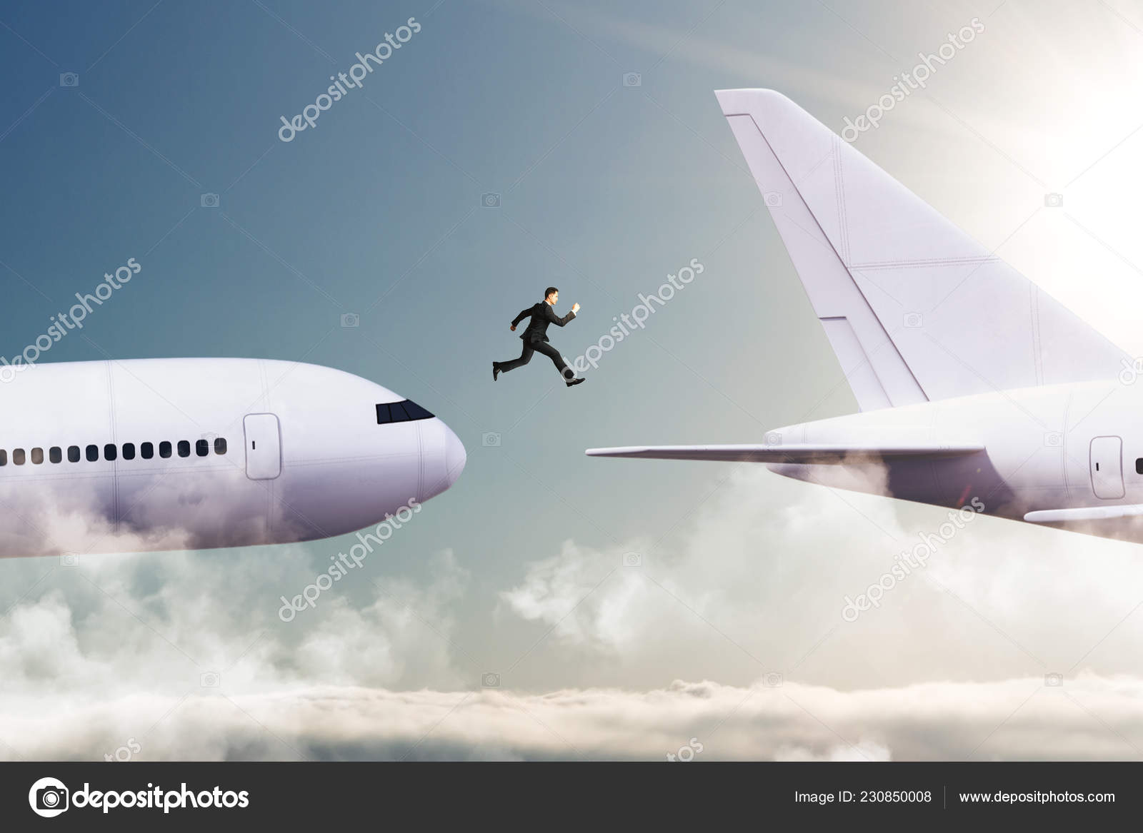 Side View Young Businessman Jumping Plane Plane Challenge Travel ...