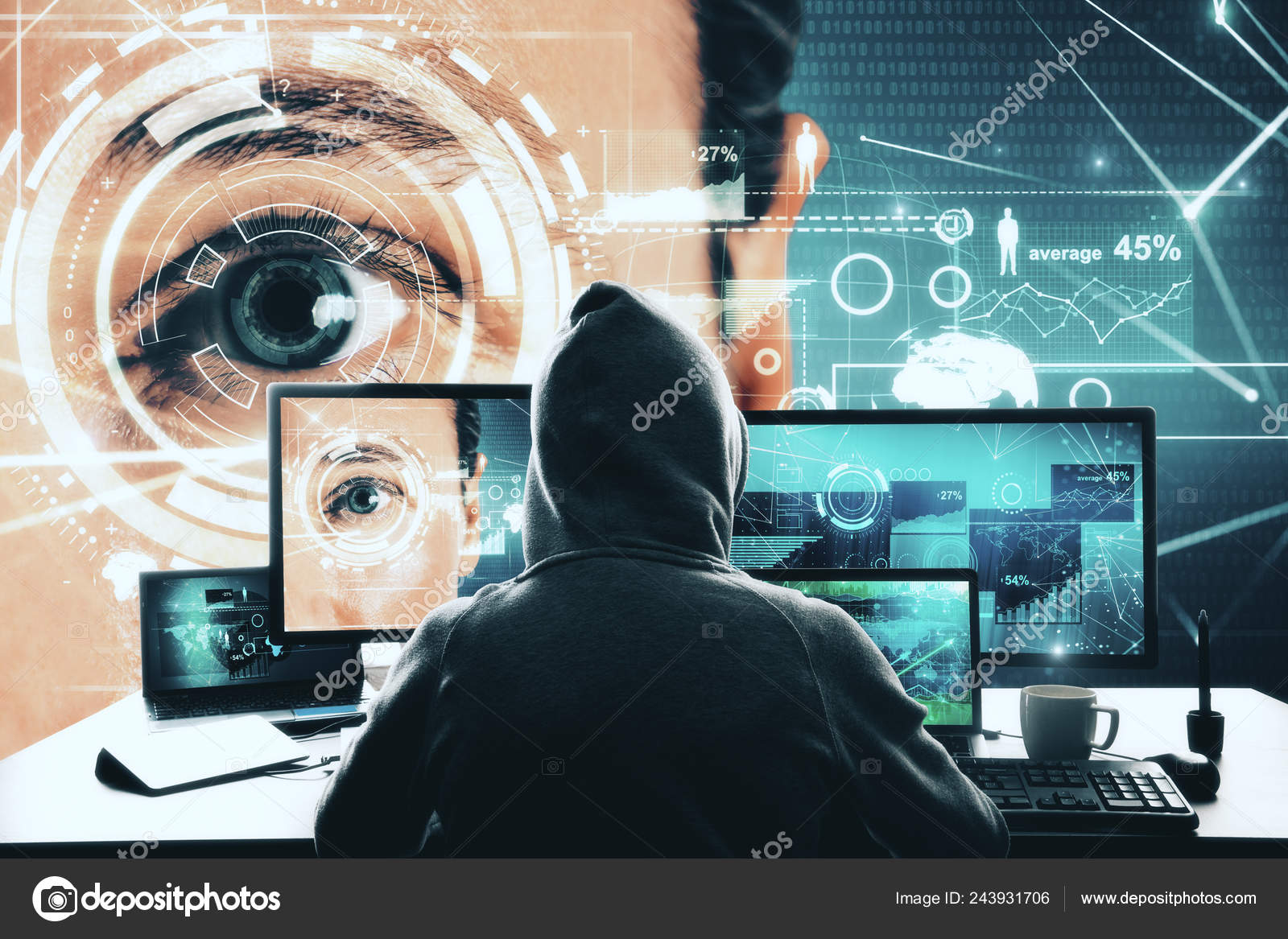 Hacker Escritorio Usando Computadora Con Interfaz Brillante Hacking ...