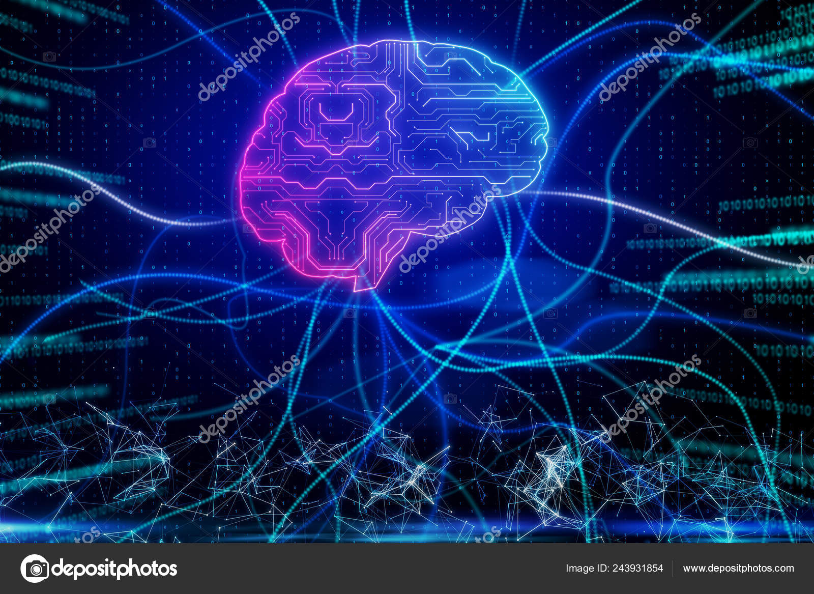 Glowing Digital Brain Abstract Binary Code Background Artificial ...