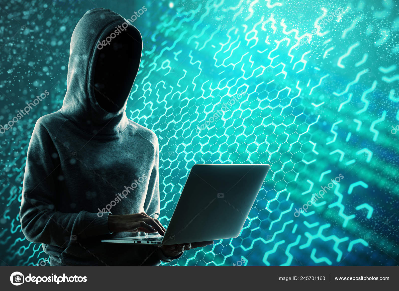Side View Hacker Using Laptop Creative Hexagonal Interface Criminal Malware — Stock Photo ...