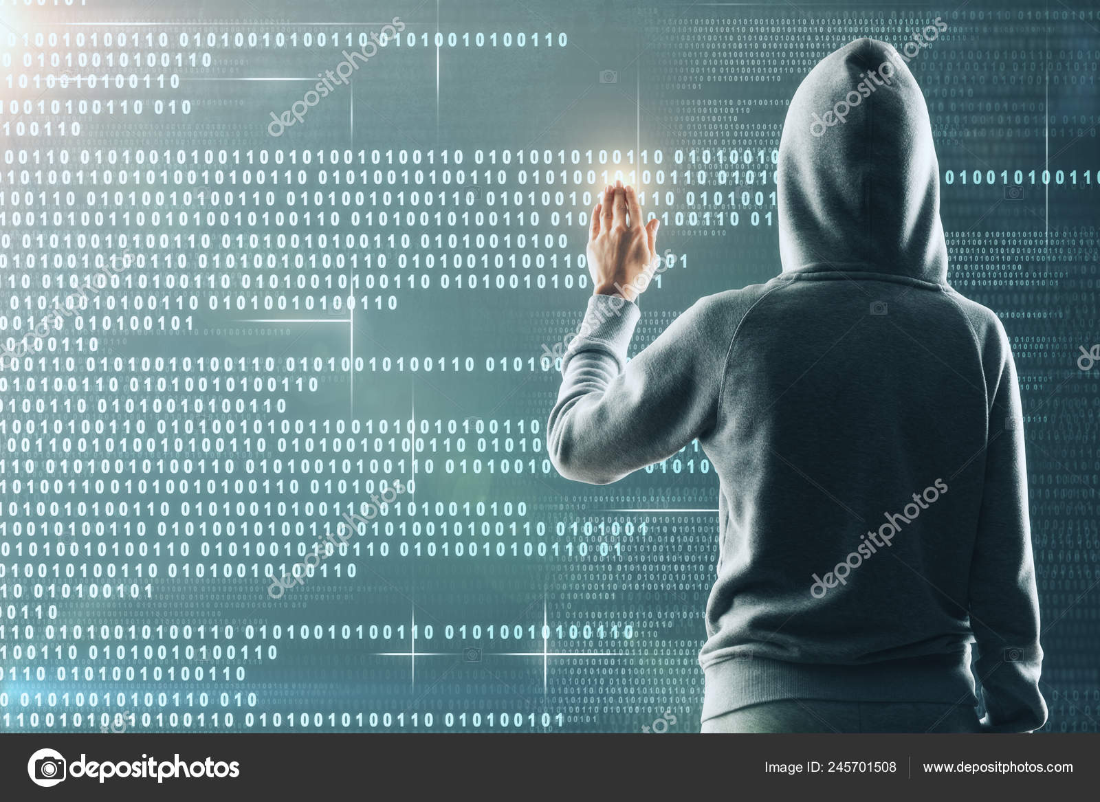 Hacker Sudadera Con Capucha Usando Interfaz Código Binario Abstracto ...