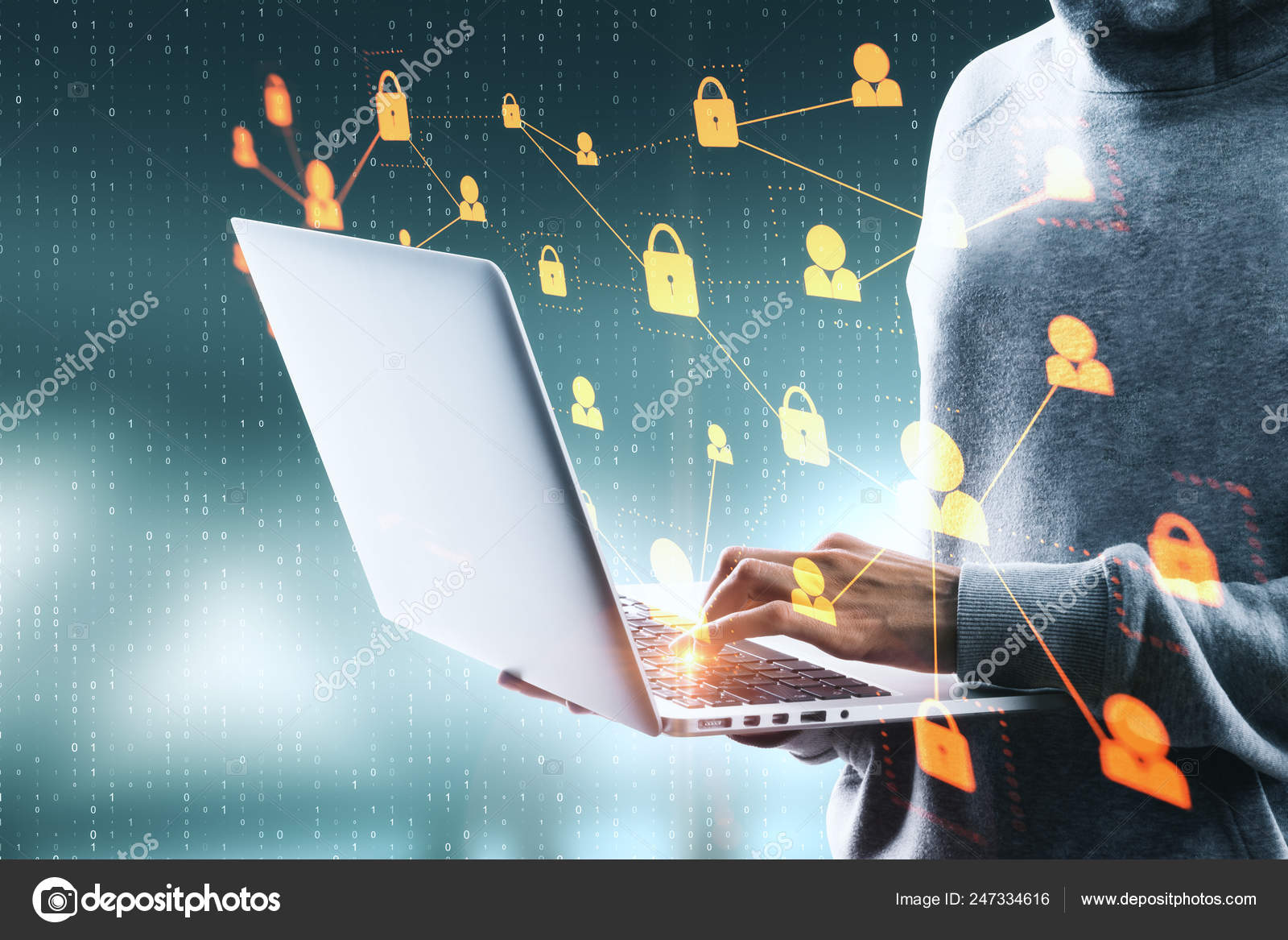 Side View Close Hacker Hand Using Laptop Digital Business Interface — Stock Photo © peshkov ...