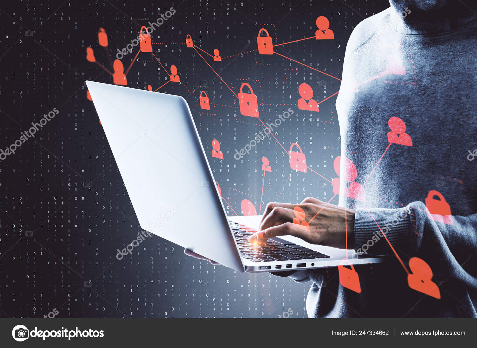 Side View Close Hacker Hand Using Laptop Digital Business Interface ...