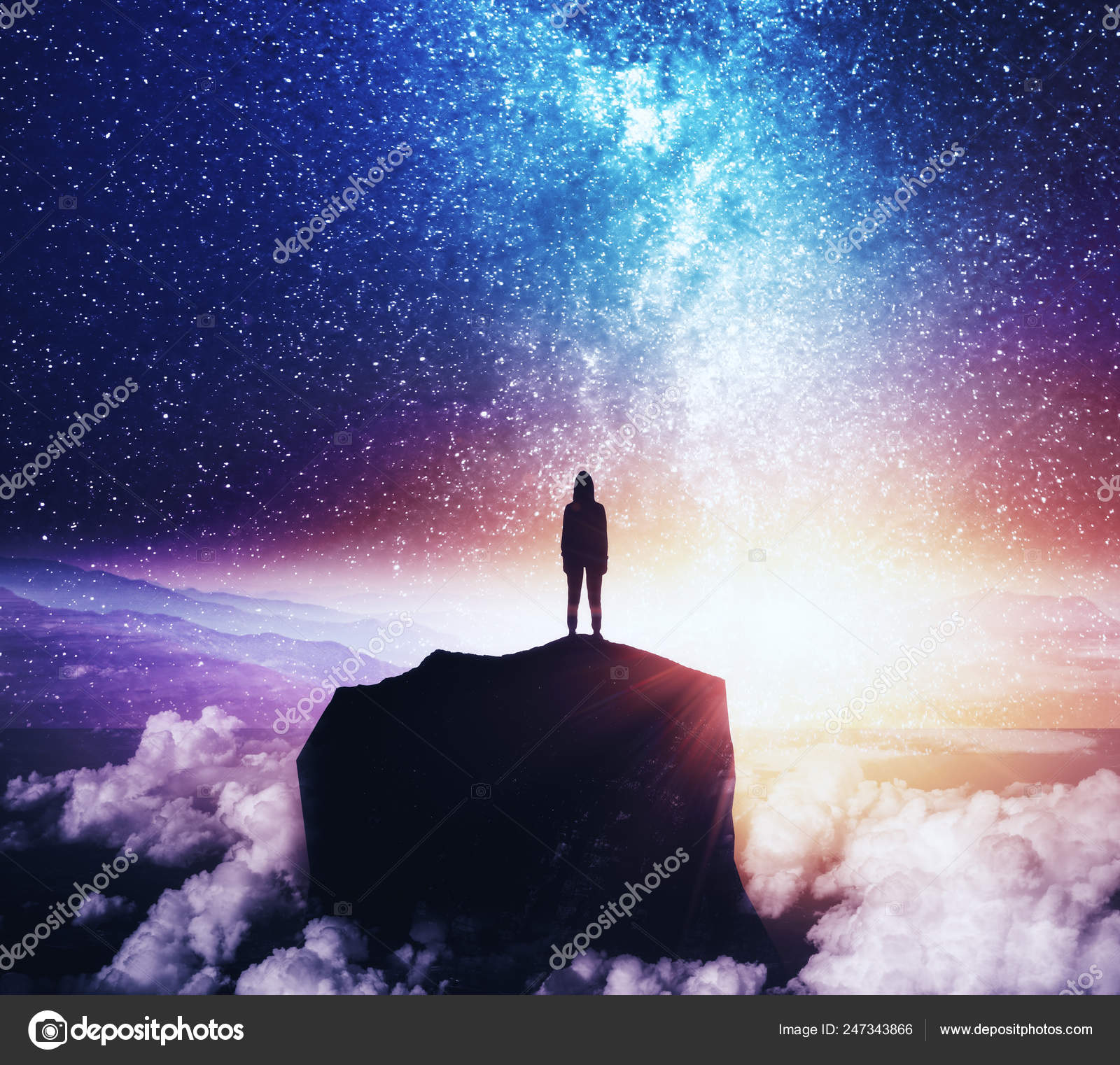 Rear View Backlit Hacker Standing Beautiful Cloudy Starry Sky Space ...