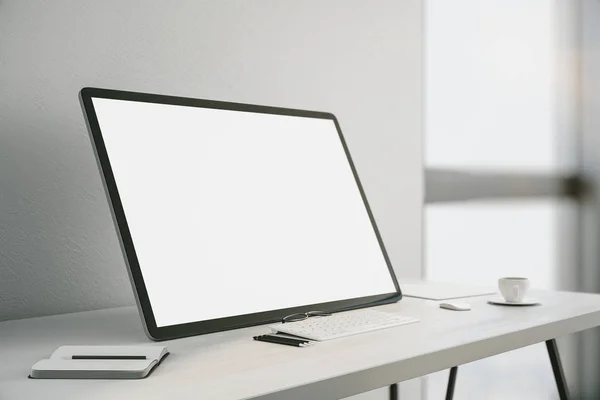 Designer desktop with empty white computer screen Stock Photo by ...