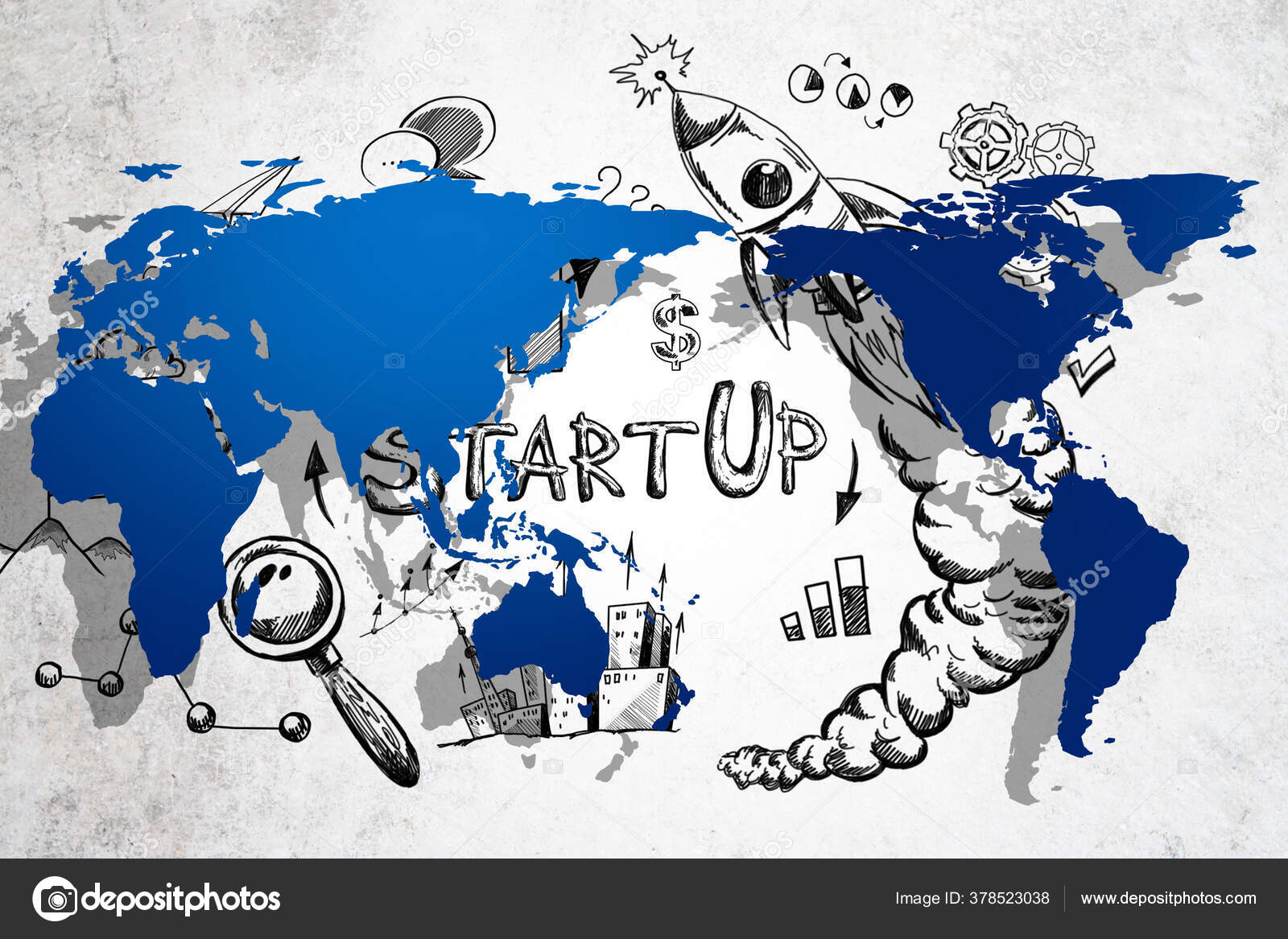 Drawing Marketing Plan World Map Concrete Wall Global Success Startup ...