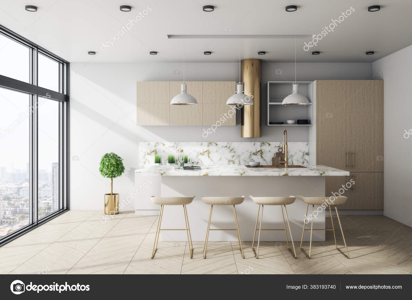 Bright Modern Kitchen Interior Furniture City View Design Style Concept ...