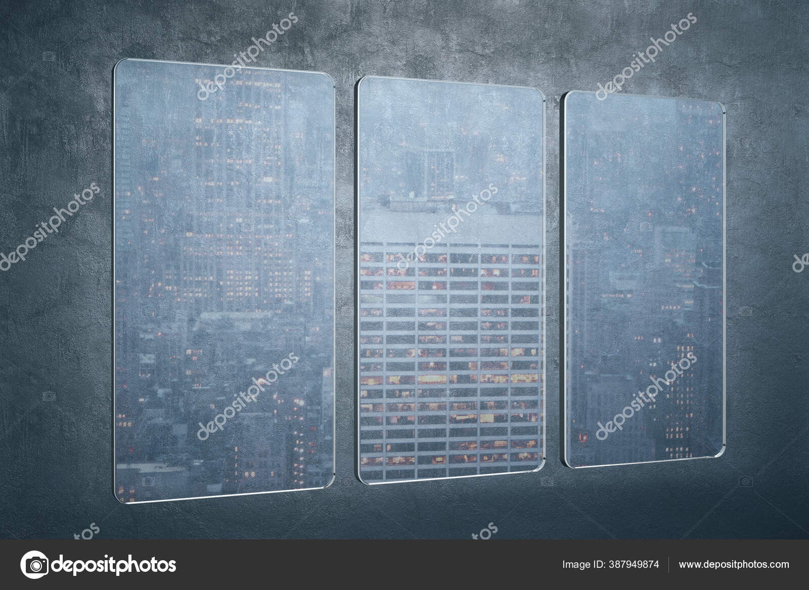 Three Glass Posters Gray Concrete Wall Reflection City Performance ...