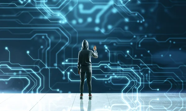 Hacker using abstract circuit motherboard interface. Hacking and ...