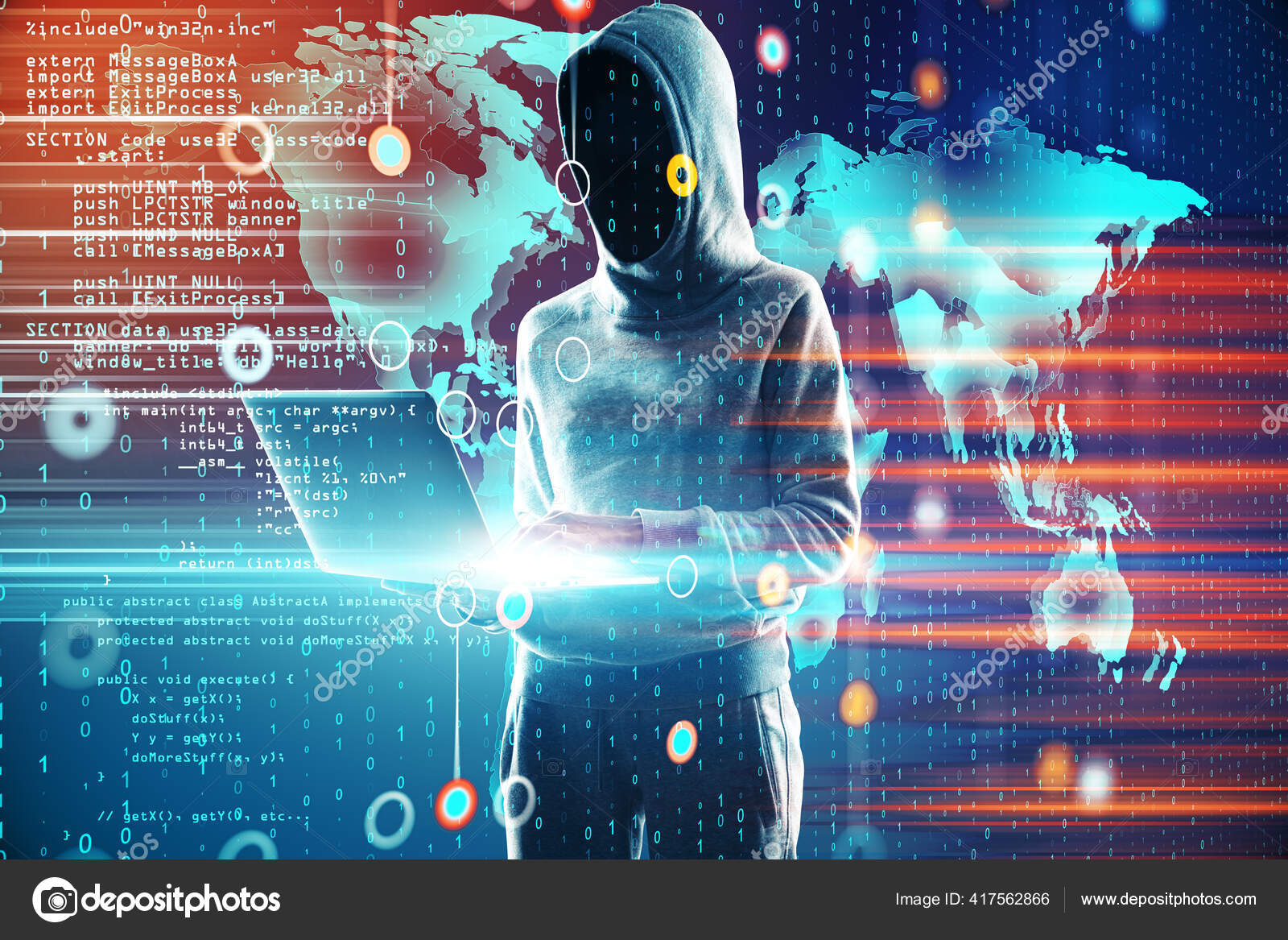 Hacker Holding Laptop Glowing World Map Glowing Programming Interface ...
