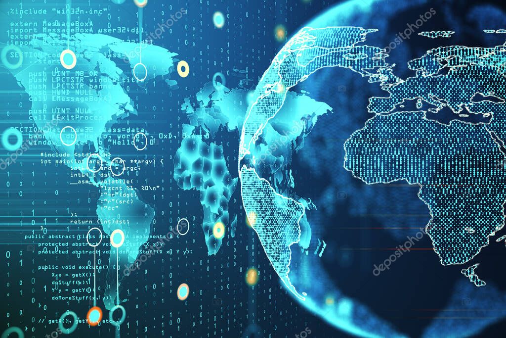 Mapa del mundo digital con holograma de programación brillante ...