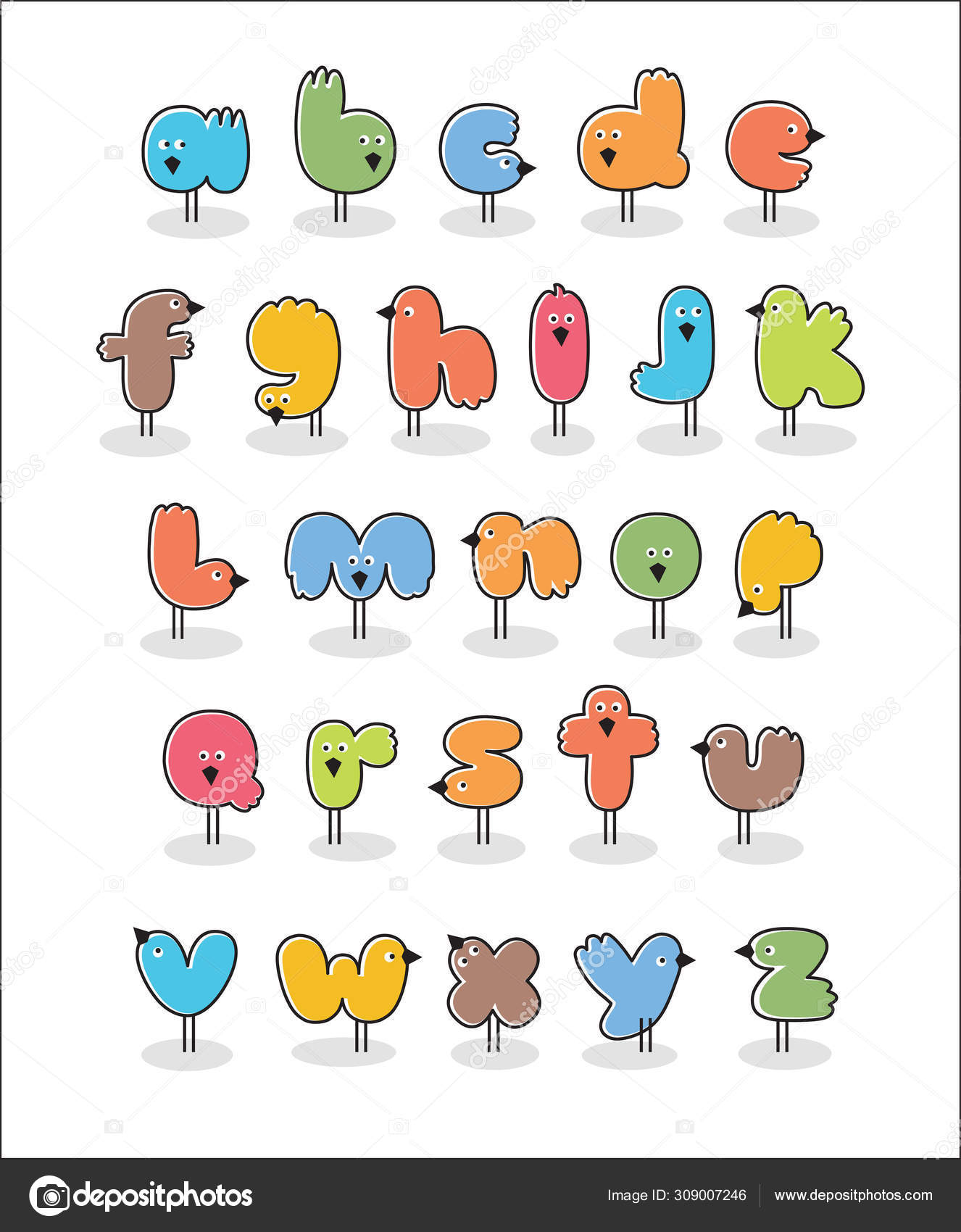 Set of cute colorful birds in the shape of letters. Cartoon bird ...