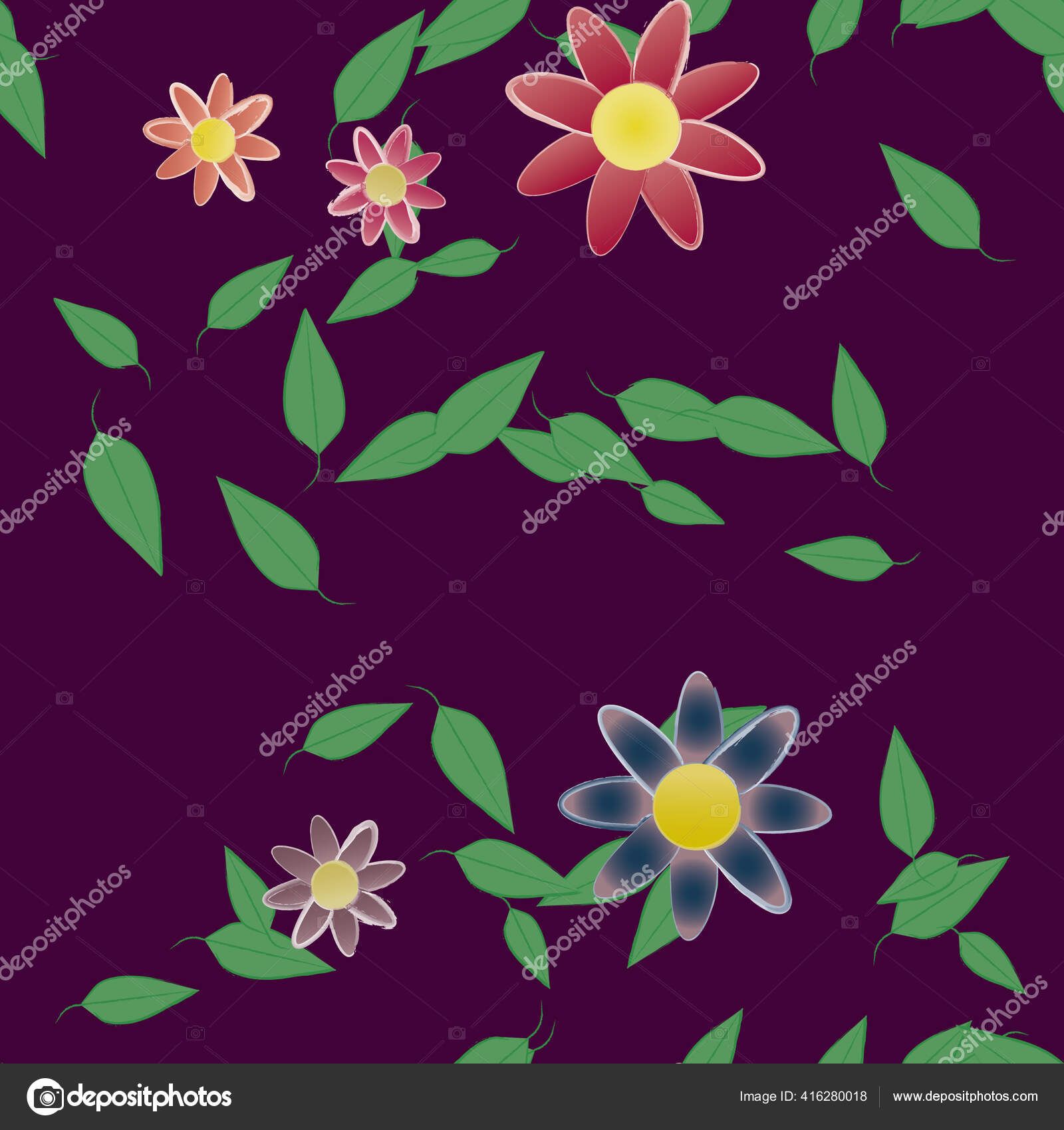 Free Composition Simple Colorful Flowers Green Leaves Wallpaper Vector ...