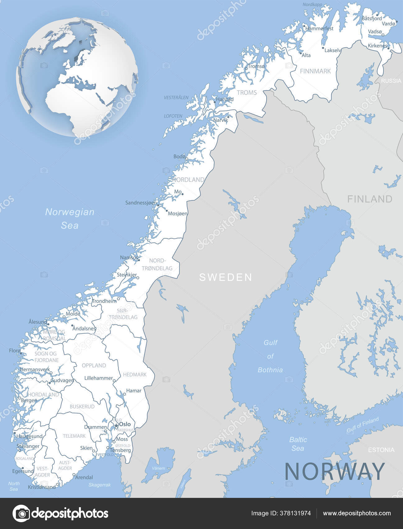 Blue-gray detailed map of Norway and administrative divisions and ...