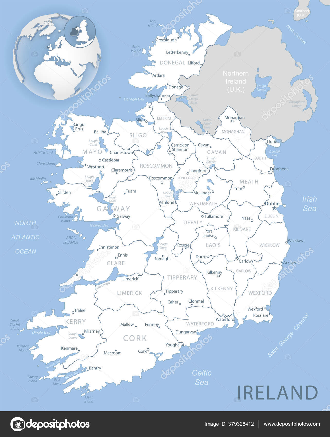 Blue Gray Detailed Map Ireland Administrative Divisions Location Globe ...