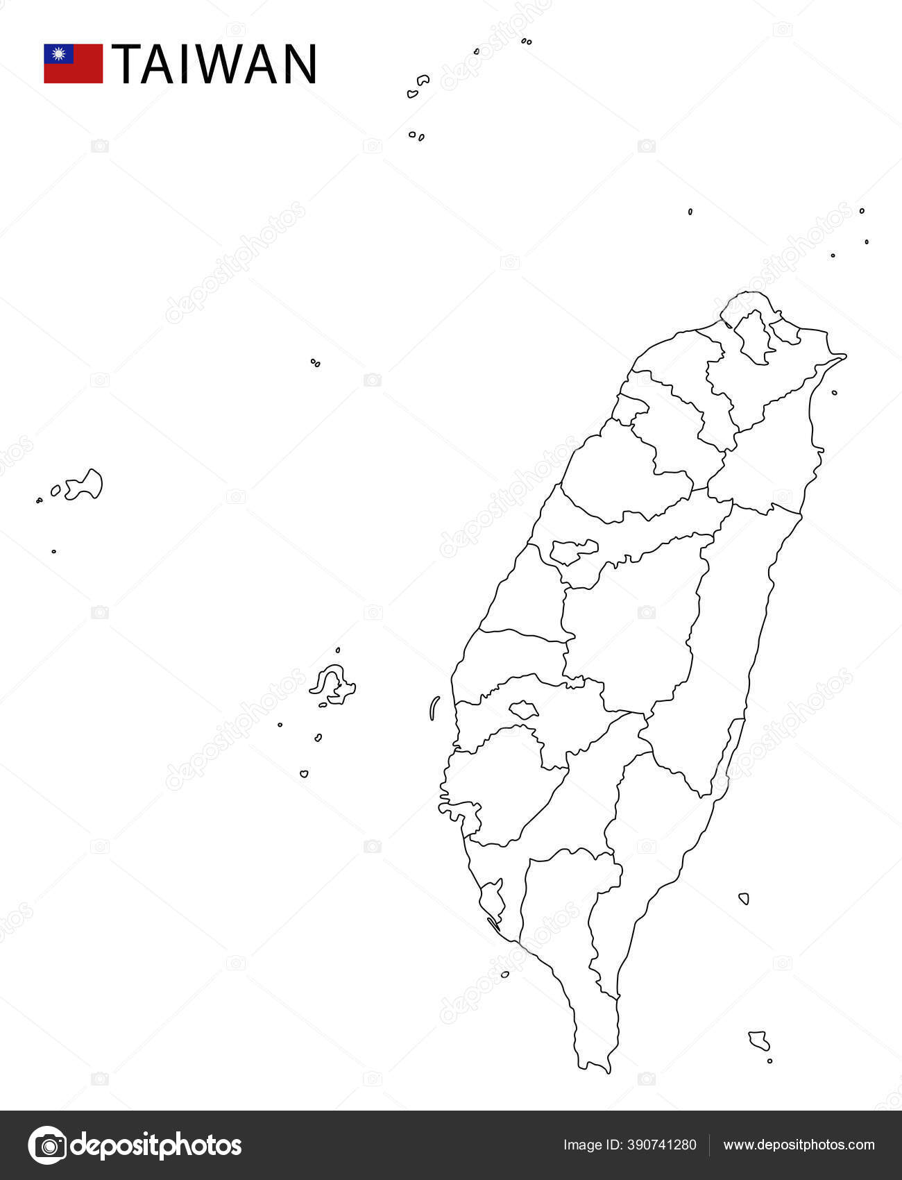 台湾地图，黑白相间的详细地区轮廓. 图库矢量图©gt29 390741280