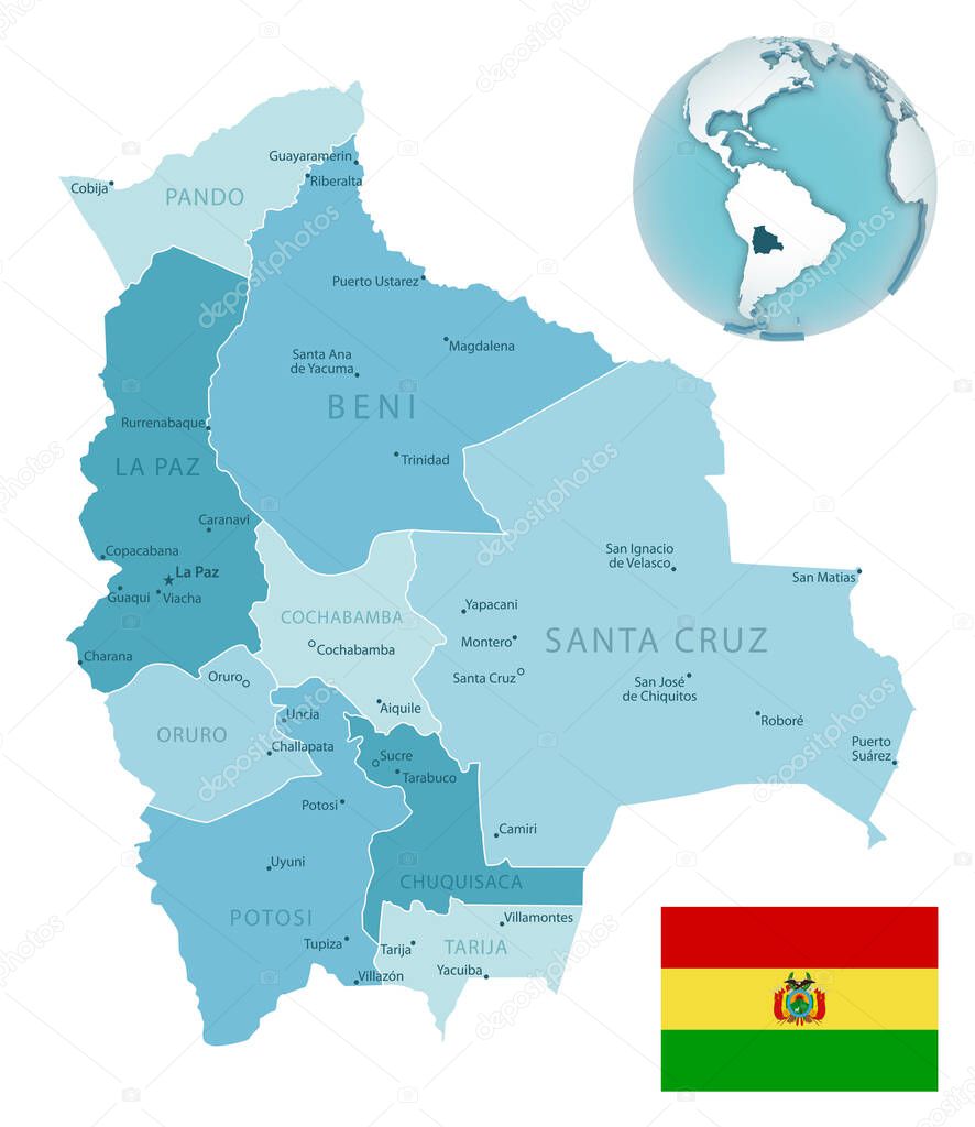 Bolivia mapa administrativo azul-verde con bandera del país y ubicación en un globo terráqueo ...