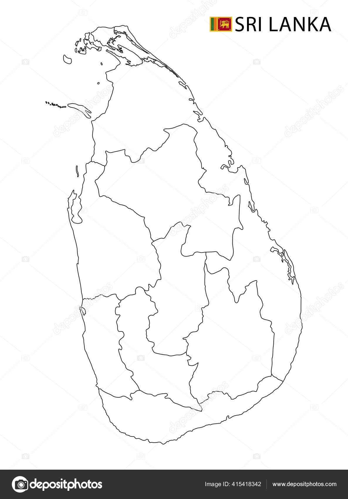 Sri Lanka Map Black White Detailed Outline Regions Country Vector Stock ...