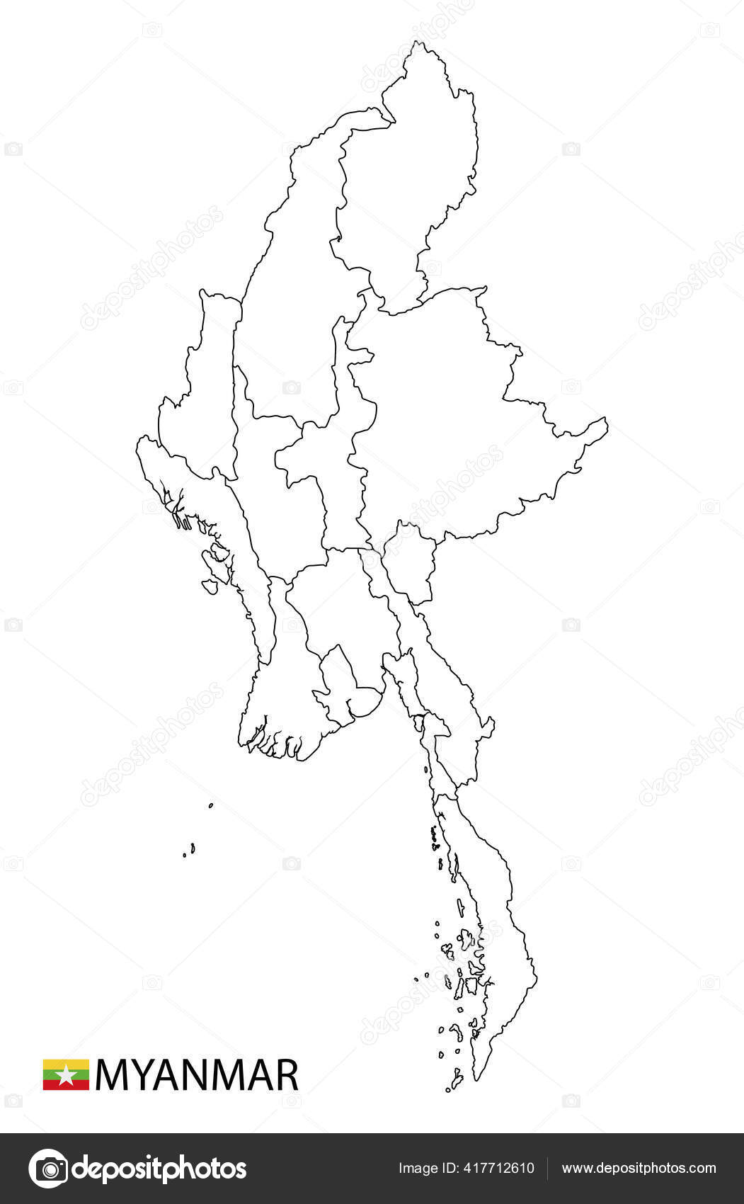 Myanmar map, black and white detailed outline regions of the country ...