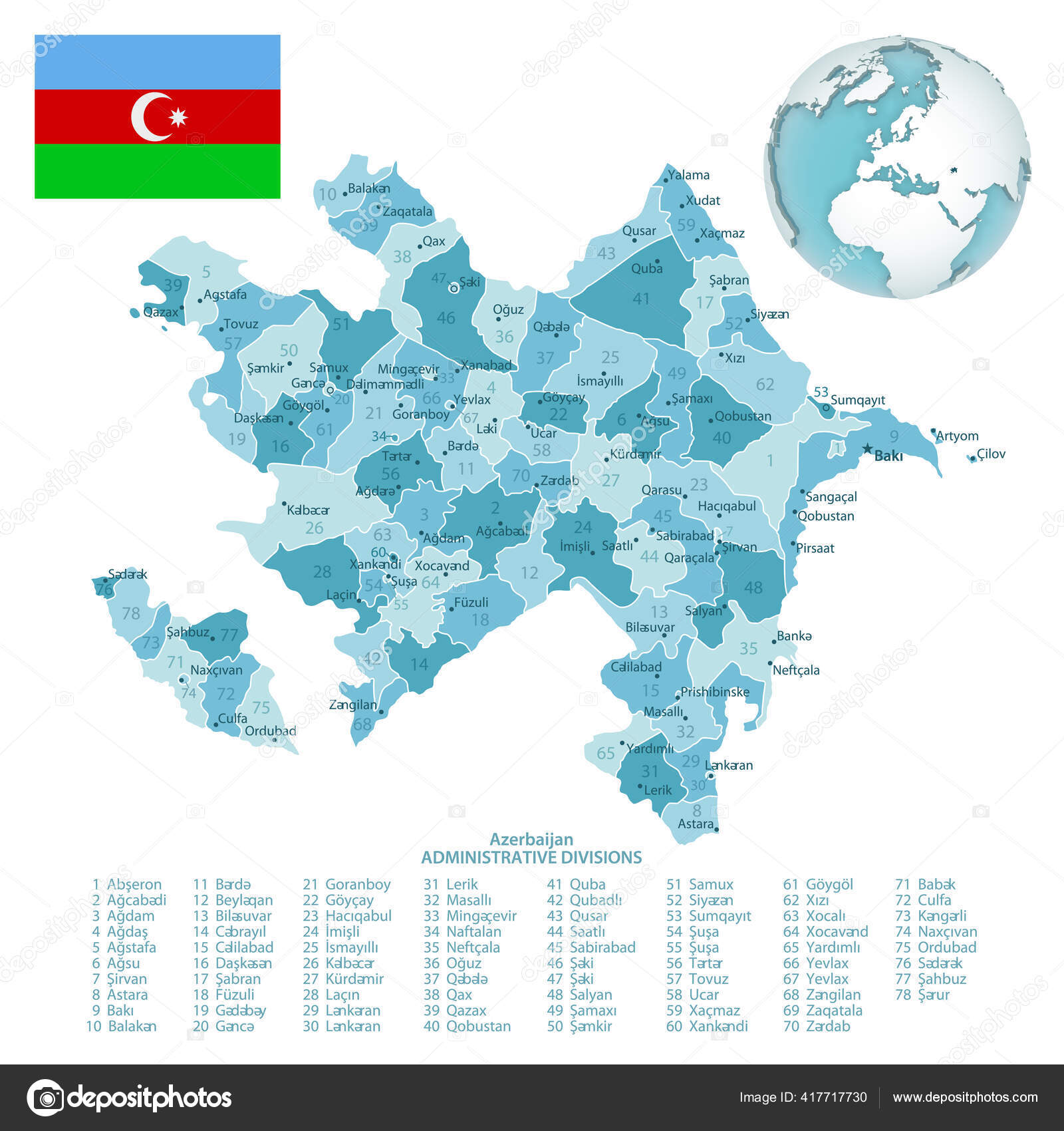 Azerbaiyán mapa administrativo azul-verde con bandera del país y ubicación en un globo terráqueo ...