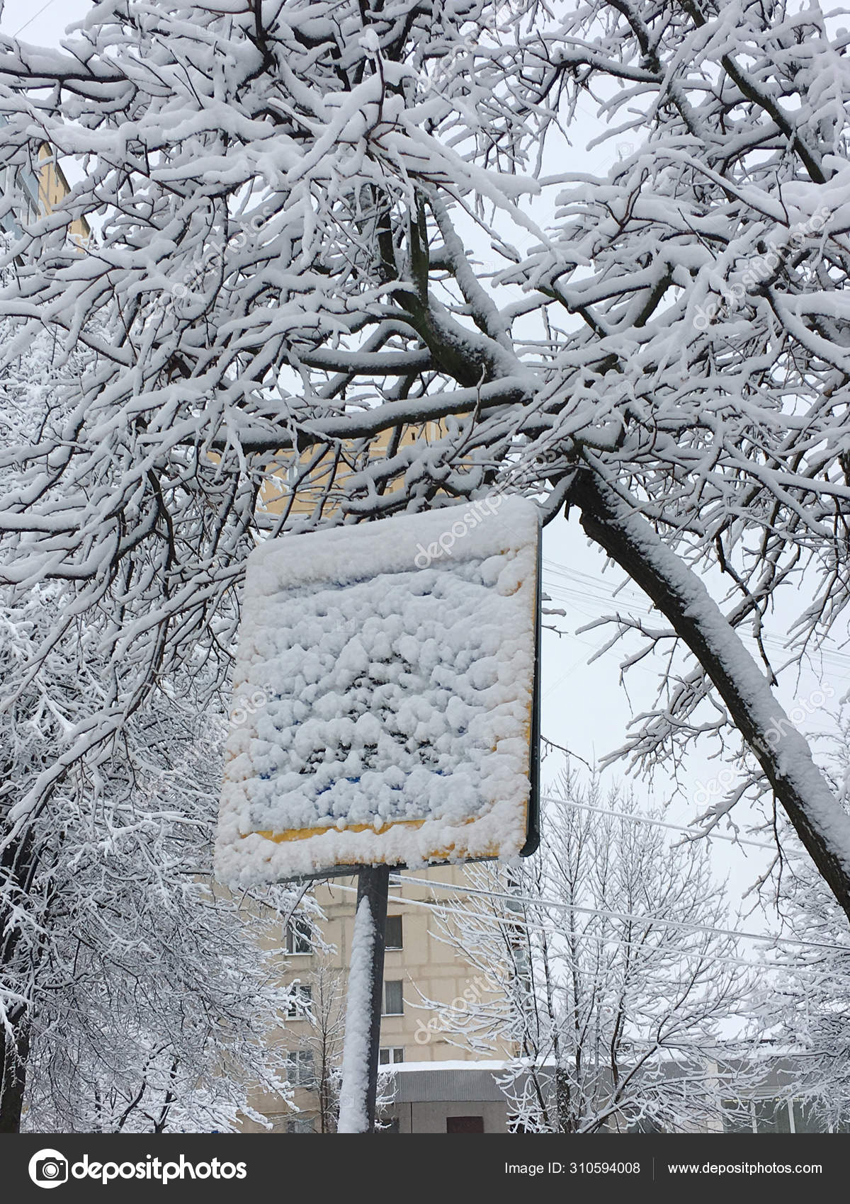Road sign pedestrian crossing completely hidden by snow. Road safety in ...
